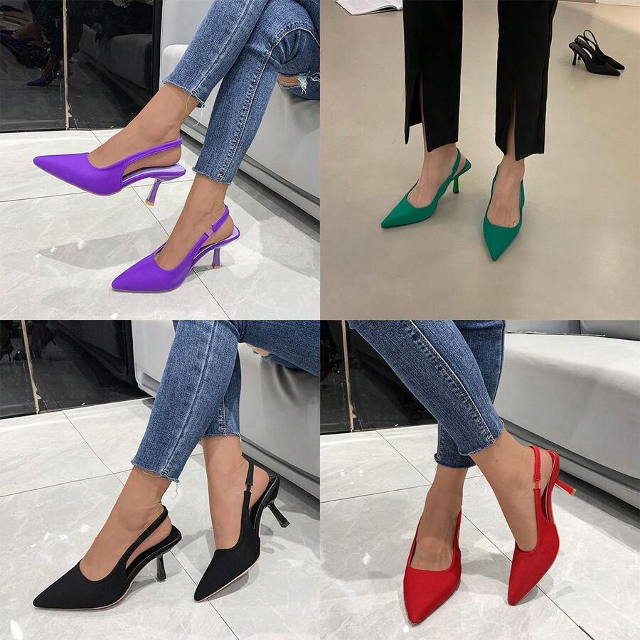 High-Heel Slingback Pumps Kitten Heel Pointed Toe Slip-On Back Strap ...