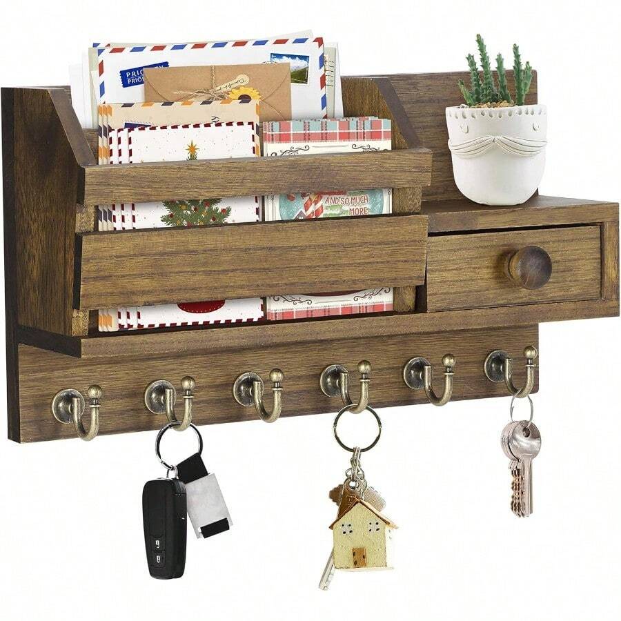 VIS'V Key Holder Wall Mount Wooden Mail And Key Organizer With Drawer ...
