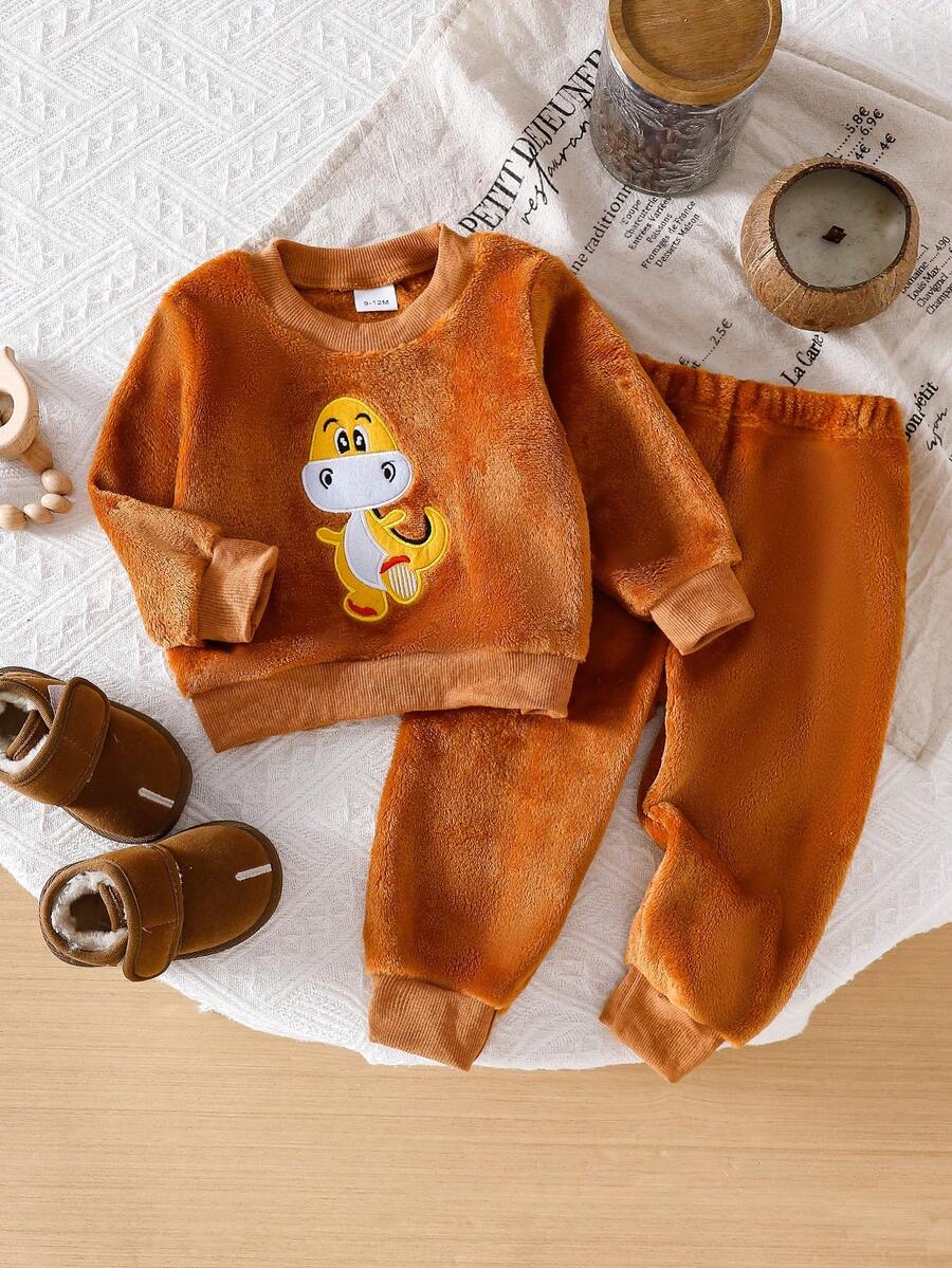 2pcs Baby Boys Solid Color Cartoon Dinosaur Fleece Crew Neck Long ...