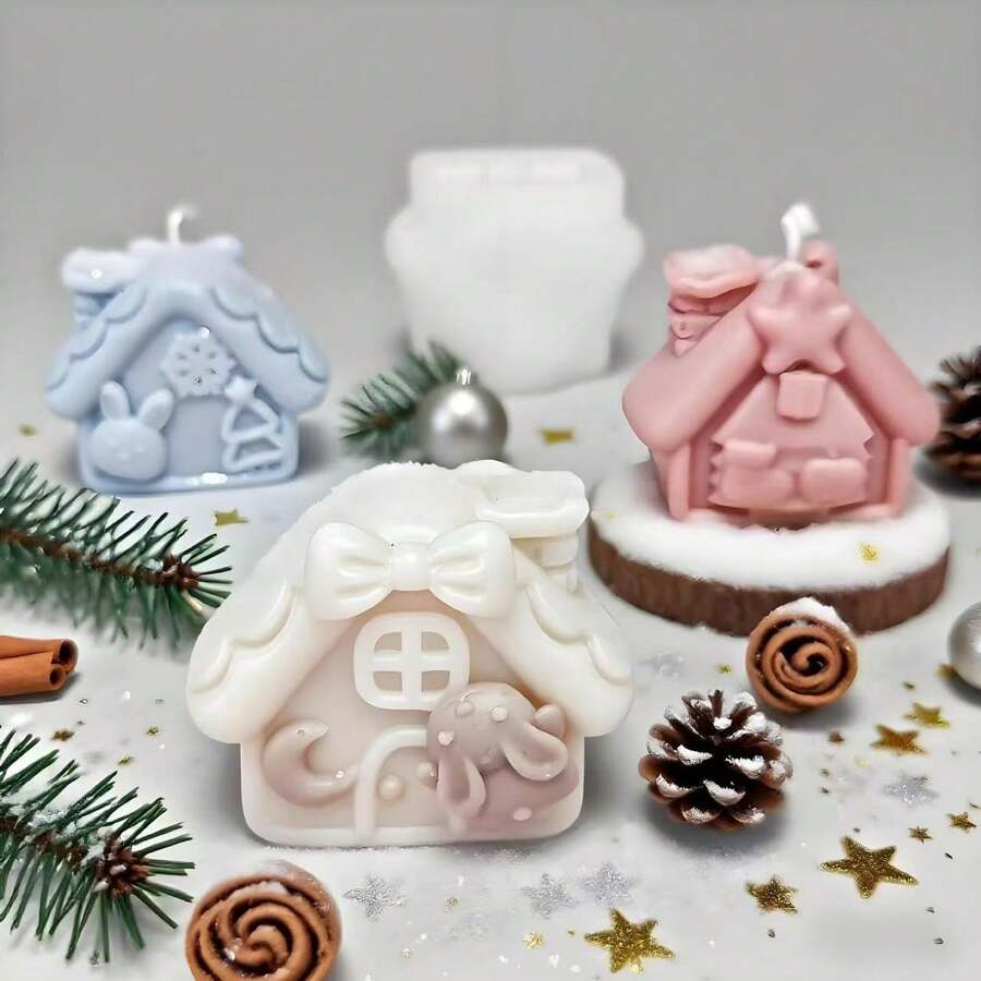 1pc 3D Christmas House Scented Candle Silicone Mold DIY Peach Blossom Cottage Rabbit House ...
