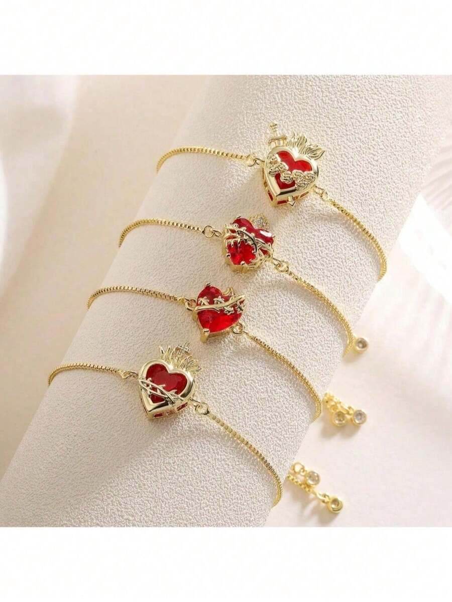 1pc Minimalist 18K Gold Plated Copper Red Zirconia Heart Adjustable ...