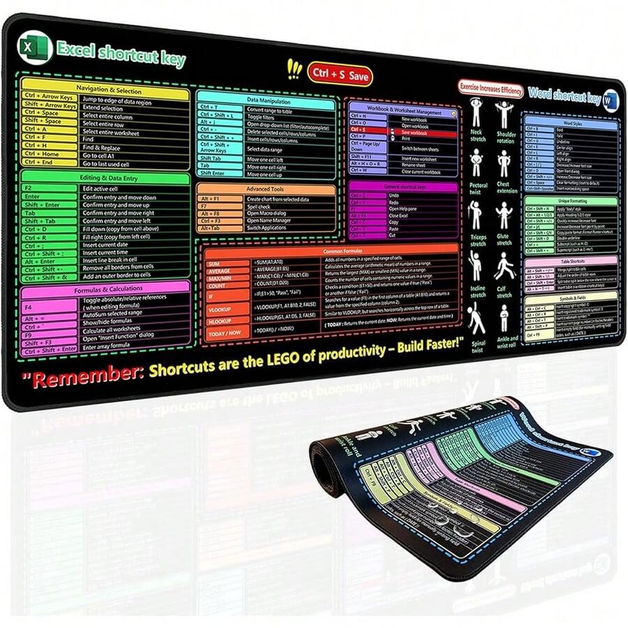 35.5x15.8 Excel Shortcut Pad - Extended Large XXL Excel Cheat Sheet ...