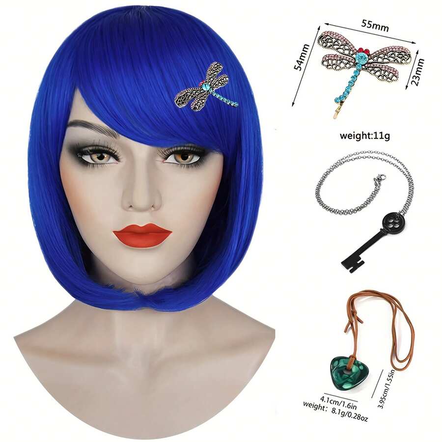Blue Wig Short Blue Bob Wigs For Costume Girls With Necklace Dragonfly ...