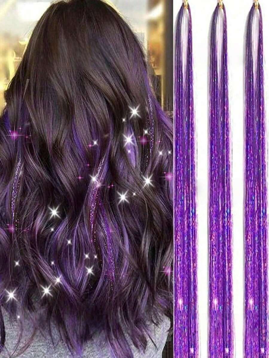 3pcs Holographic Wig Hair Extensions, Colorful Shiny Gold & Silver ...