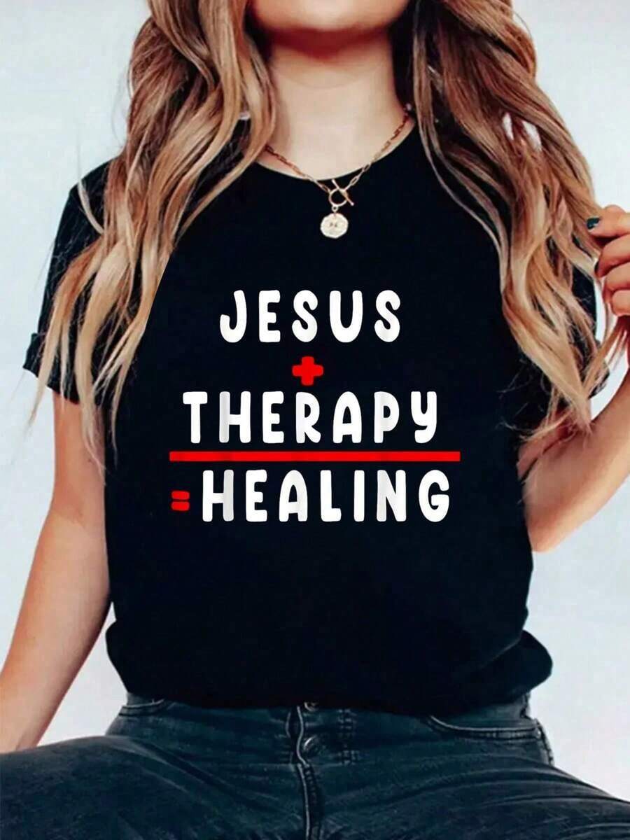 Jesus Therapy Healing Mental Health Tee Christian T-Shirt Print, Round Neck, Short Sleeves ...