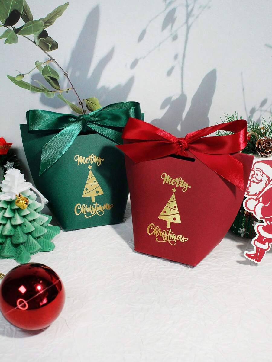 10pcs Christmas Triangle Gift Boxes With Gold Foil Tree Print And Satin ...