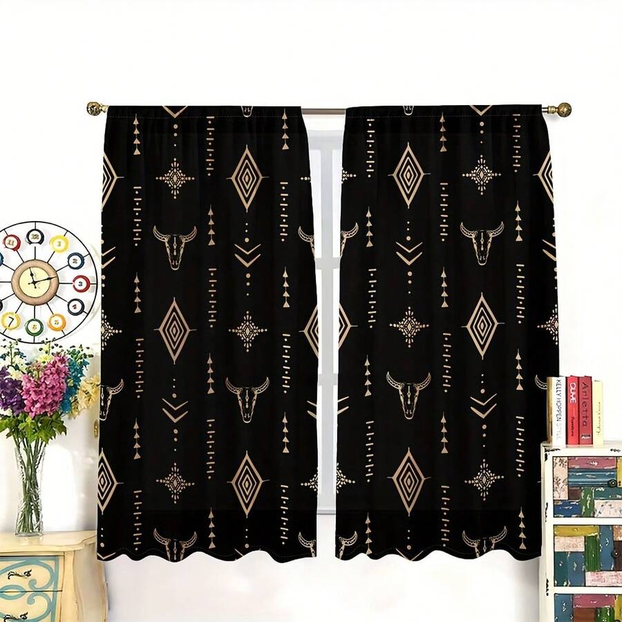 2pcs Western Curtains, Southwest Bull Skull Cowboy Theme Rustic Rural ...
