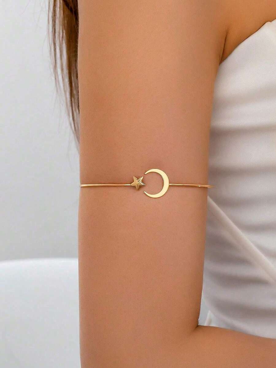 1 Pc Golden Color Star Moon Design Women Arm Cuff , Metal Wire Upper ...
