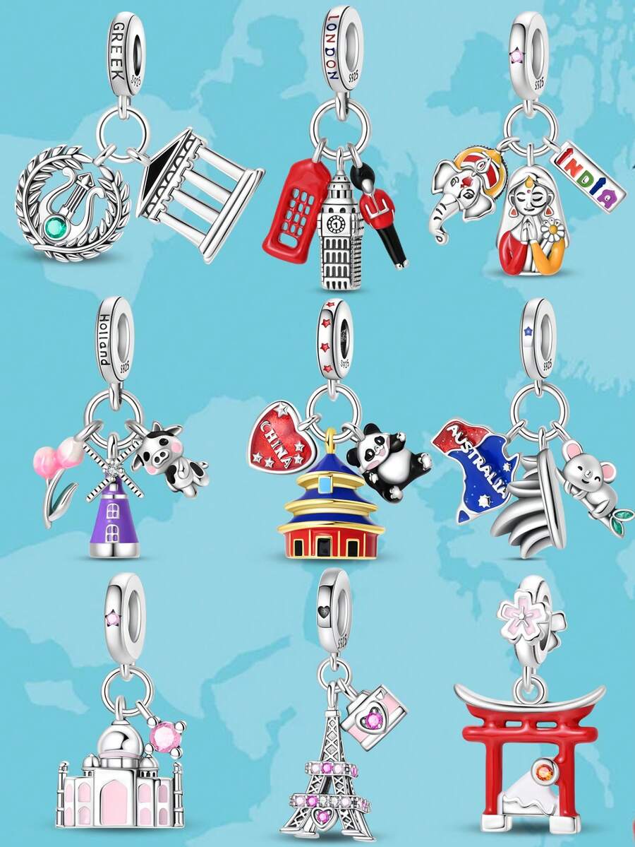 World Travel Landmark Enamel Charm Set Silver Plated DIY Xmas Gifts for ...