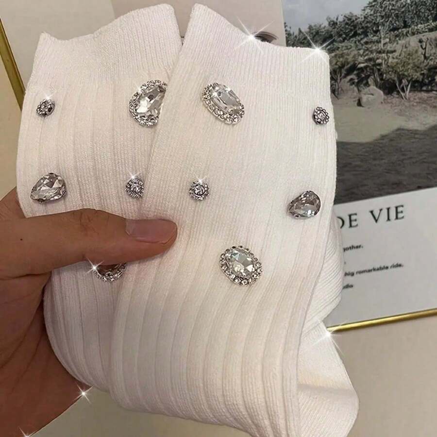 1 Pair Sequin Decorated Ribbed Socks, Cute & Comfortable Mid-Calf Socks ...