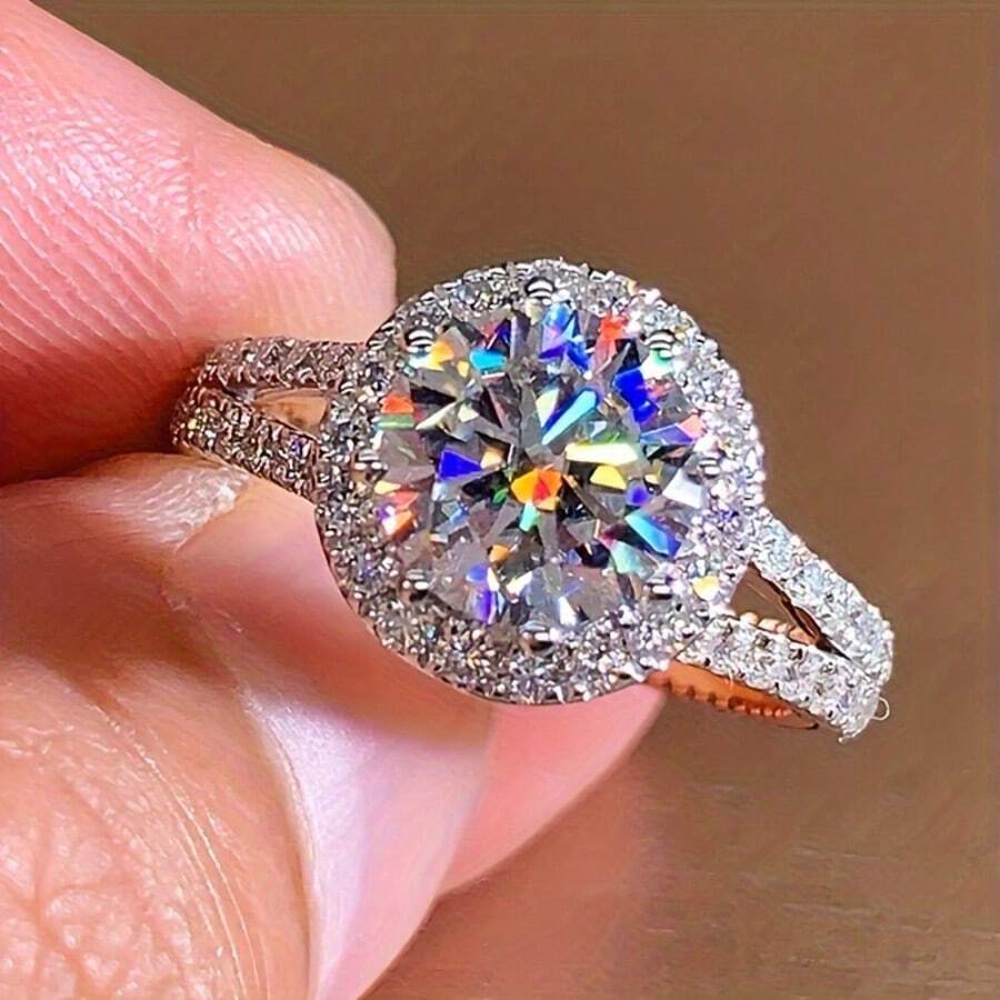 2025 New Women's Luxury Halo Engagement Ring, Sparkling Colorful Moissanite Cocktail Ring, Pave ...