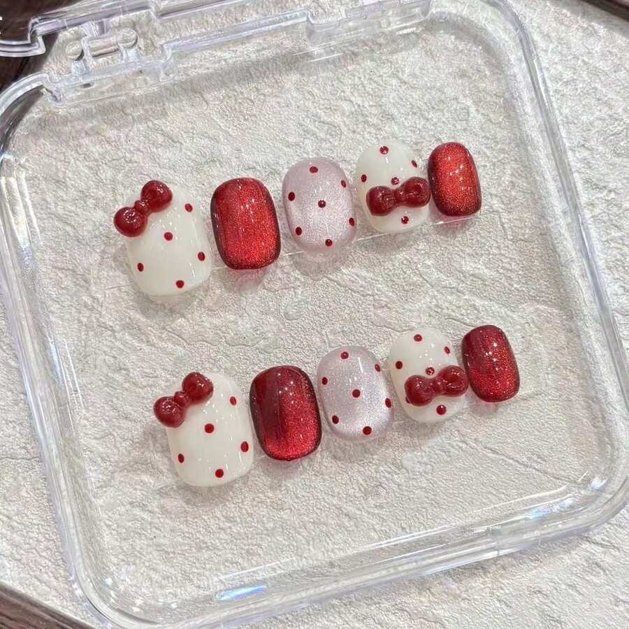 10 Handcrafted Red Bow Polka Dot Beige Base Color Cat's Eye Wearable ...