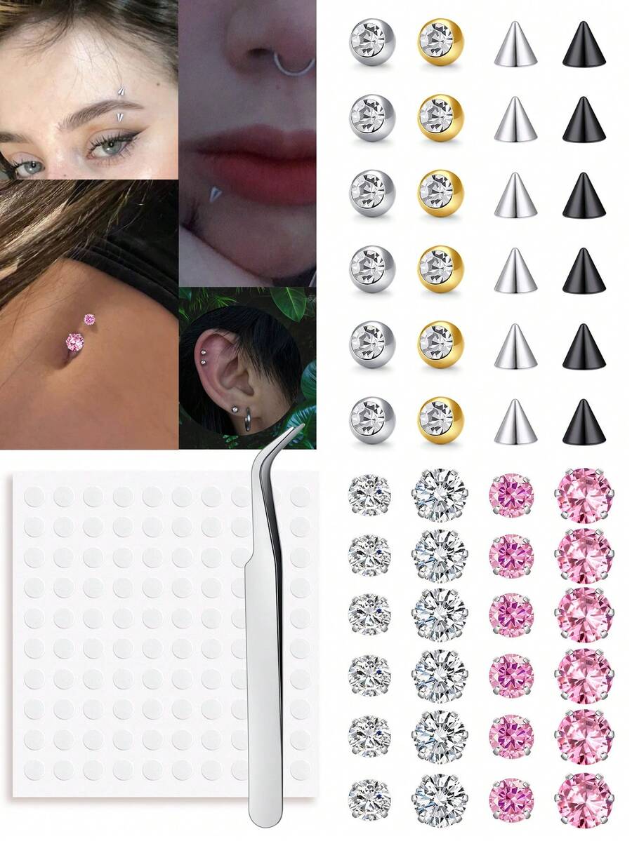 CIZME Fake Piercing Lip Ear Nose Studs Pink CZ Fake Eyebrow Belly Stud ...