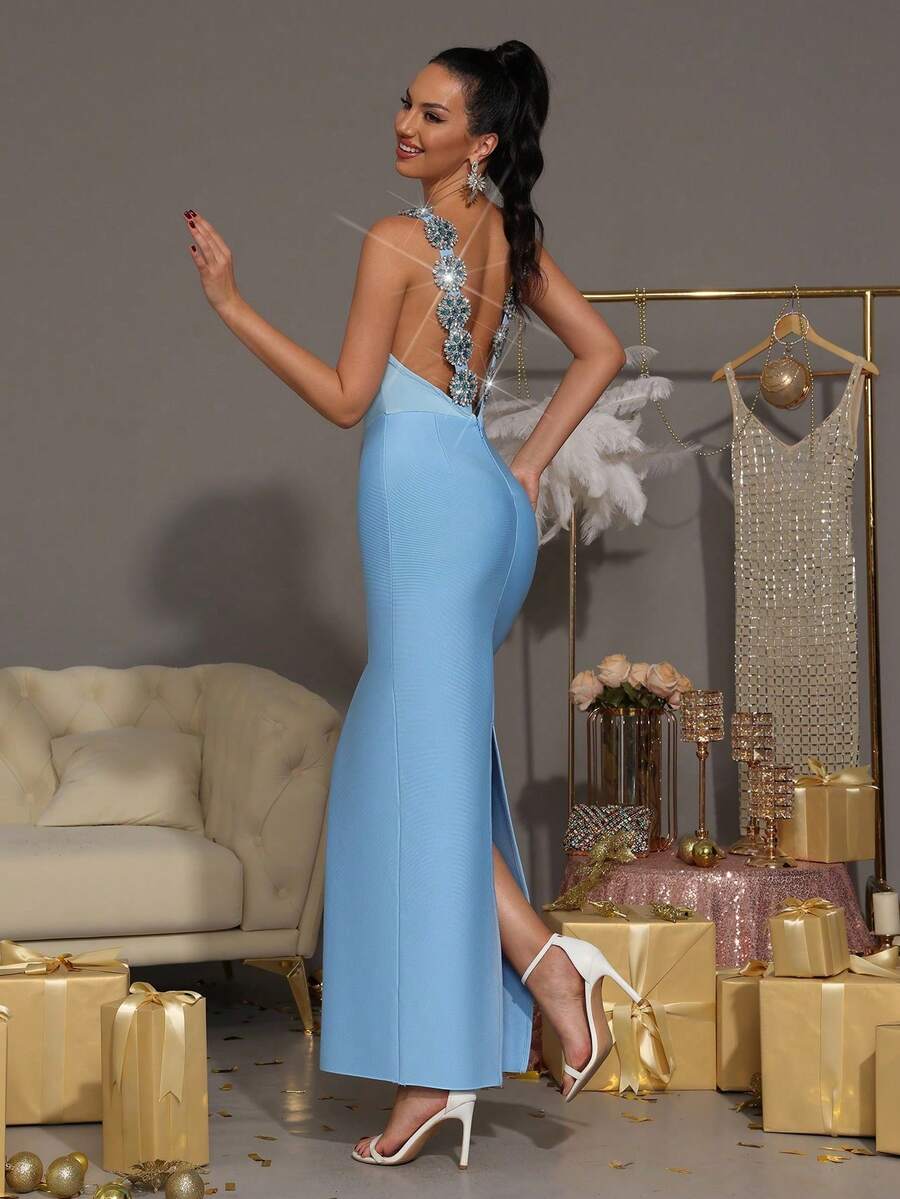 New Black Sexy Sleeveless Backless Heavy Industry Luxury Diamond Tight ...