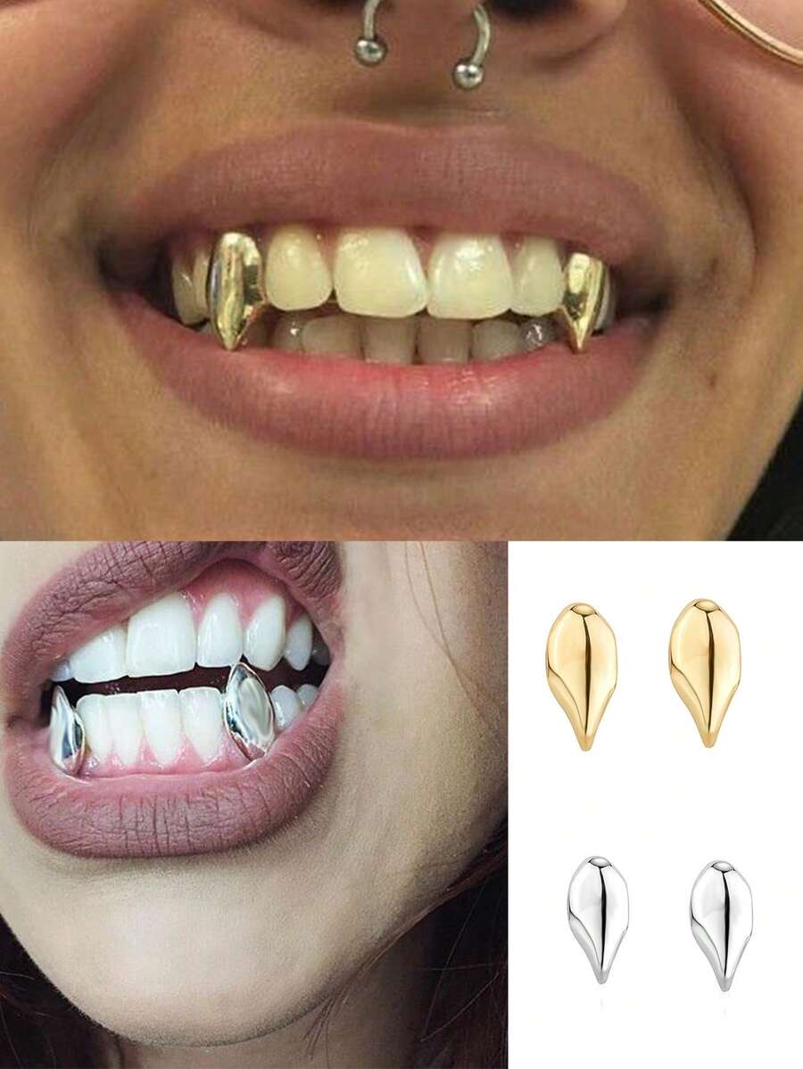 1 Pair Smooth Metal Small Fang Teeth Jewelry, Unisex Hip Hop Cosplay ...