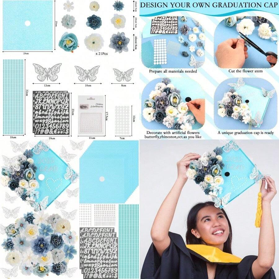 MX 51 PCS DIY Graduation Grad Cap Decoration Kit 12 Cream Construction ...