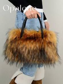 Furry Shoulder Bag For Women, Fuzzy Faux Fur Large Tote Handbag, Cute ...
