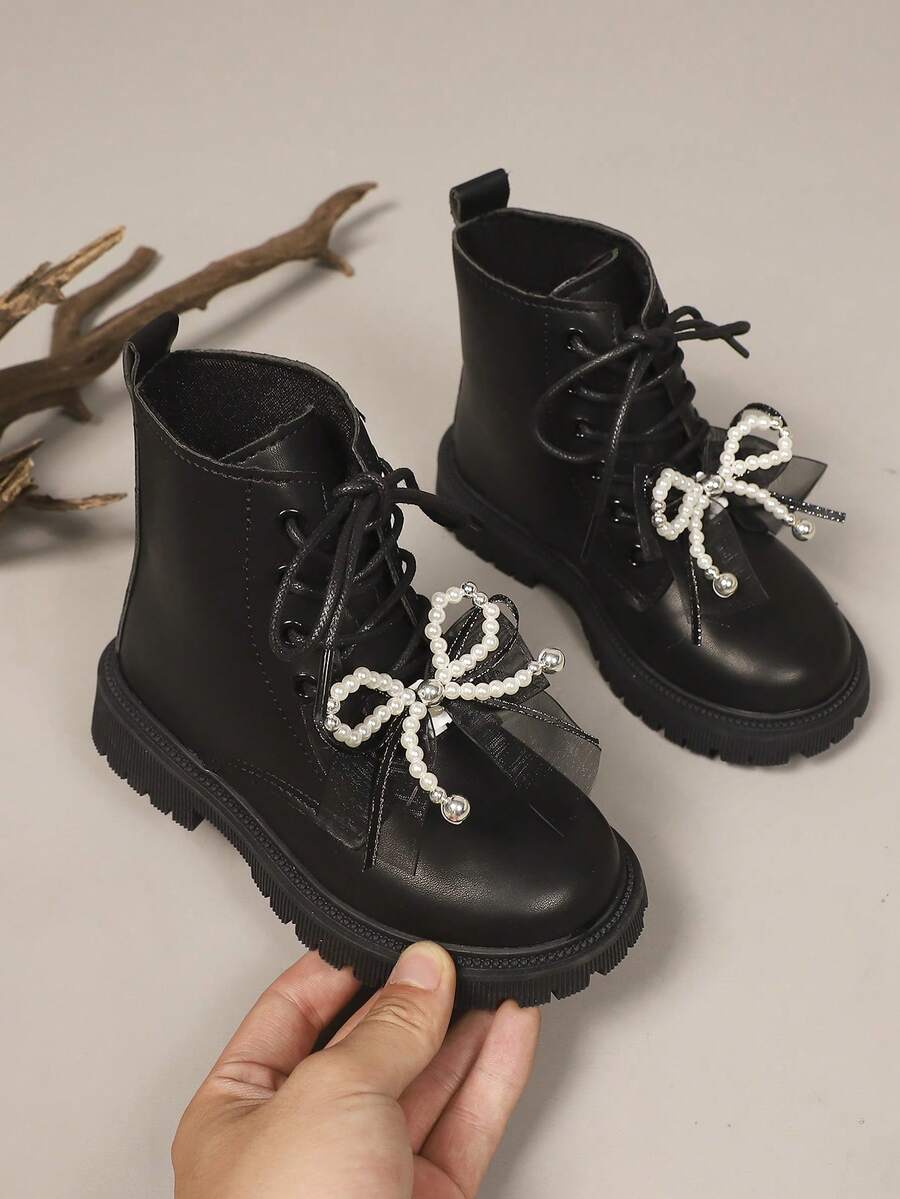 1 Pair Black Matte Leather Lace-Up Boots For Teenage Girls, Soft ...