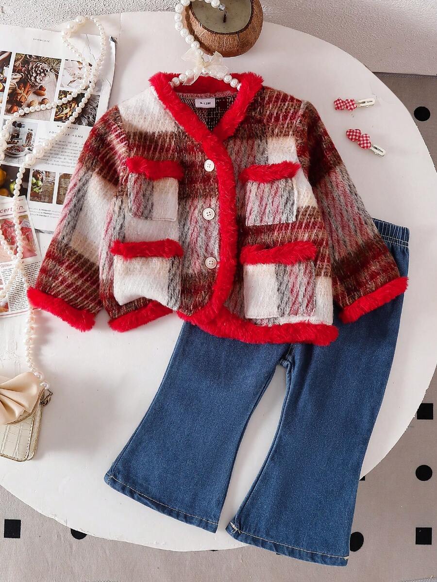 Baby Girl Plaid Print Contrast Fuzzy Trim Jacket & Flare Leg Pants for ...