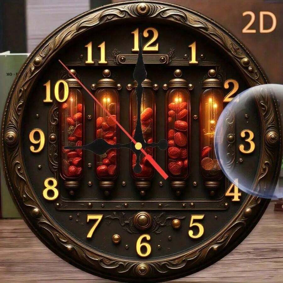 2D Retro Dark Wood Steampunk Style Wall Clock, Silent Timing, 9.8inch ...
