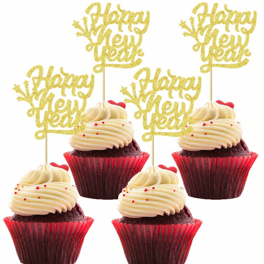 12/24 Pcs 2026 Happy New Year Cupcake Toppers Glitter Gold Welcome 2026 ...