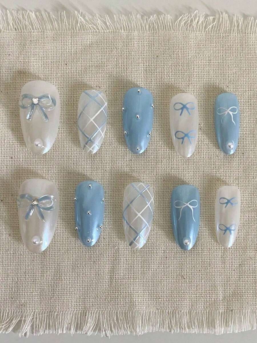 10pcs Pure Handmade Press On Nails Long Almond Nails Blue Nails Y2k ...