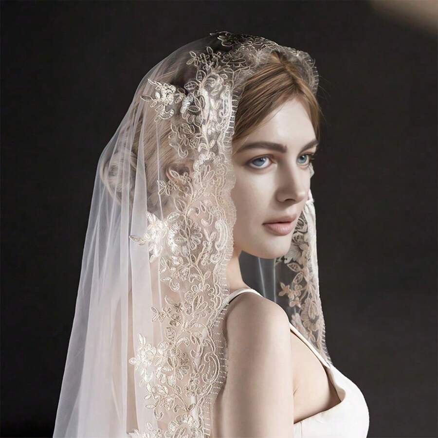 1pc Handmade Lace Edged Bridal Veil, Luxurious & Elegant For Church Wedding Dress Accessory ...