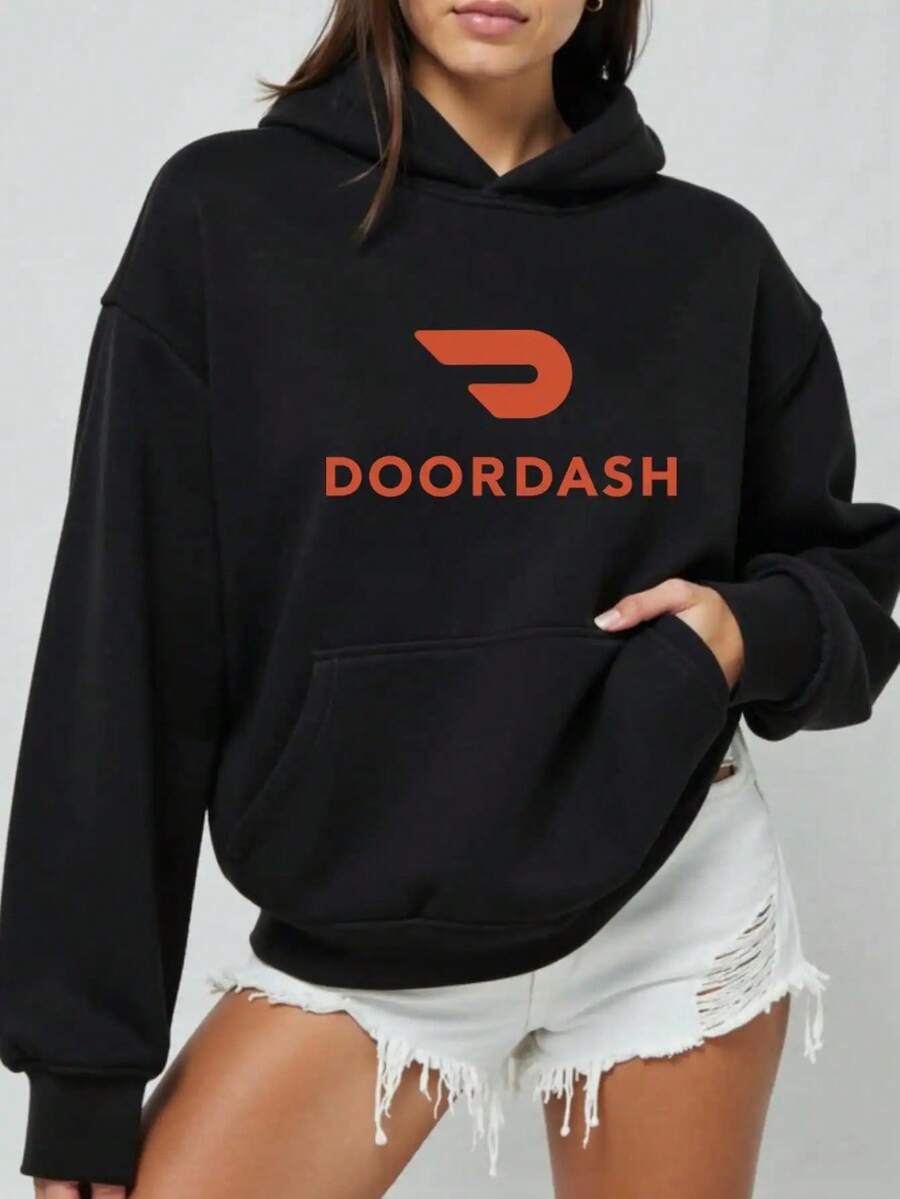 Women'S Oversized Hooded Sweatshirt With DOORDASH Letter Print - Black ...