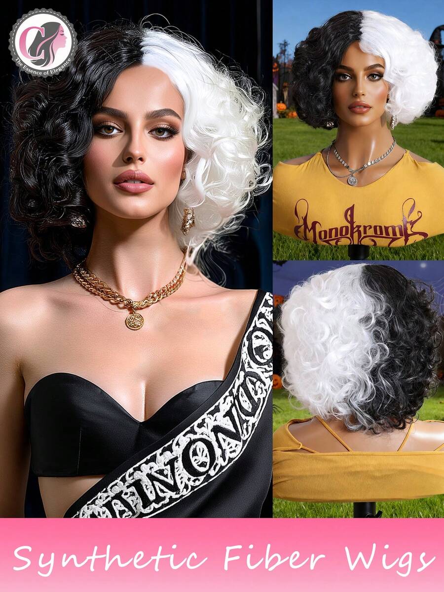 10 Inch Short Curly Black And White Bob Synthetic Wigs Cosplay Wigs For ...