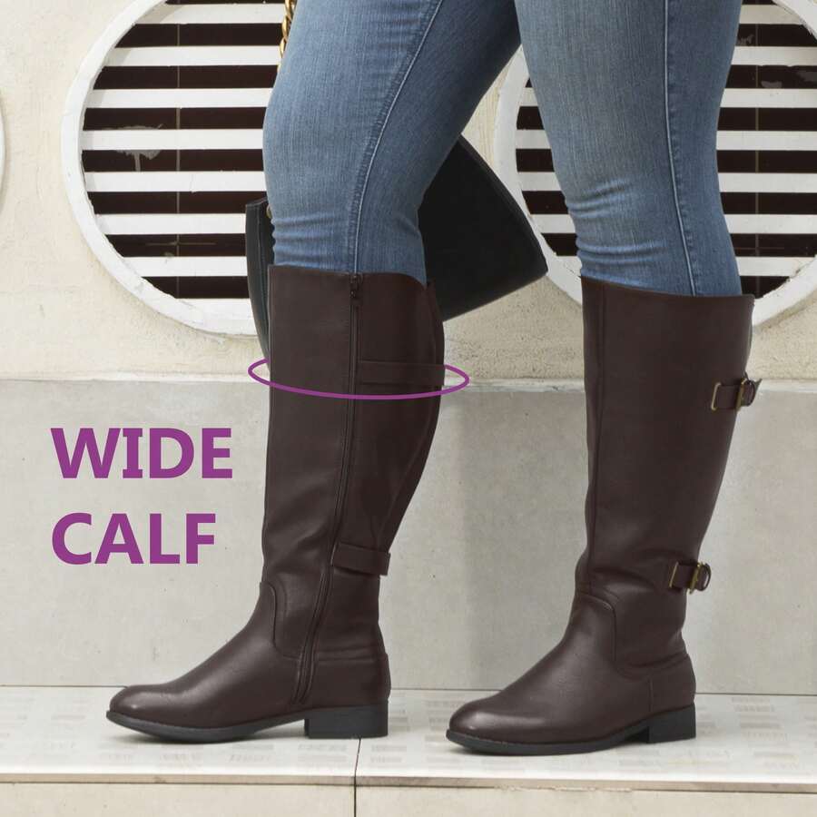 Botas altas hasta la rodilla para mujer con doble hebilla, tacón plano ...