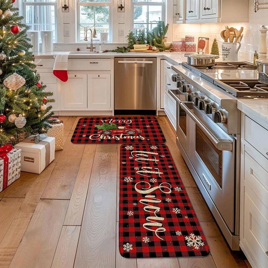 1/2/3pcs Christmas Kitchen Carpet, Red Checkered Christmas Element ...