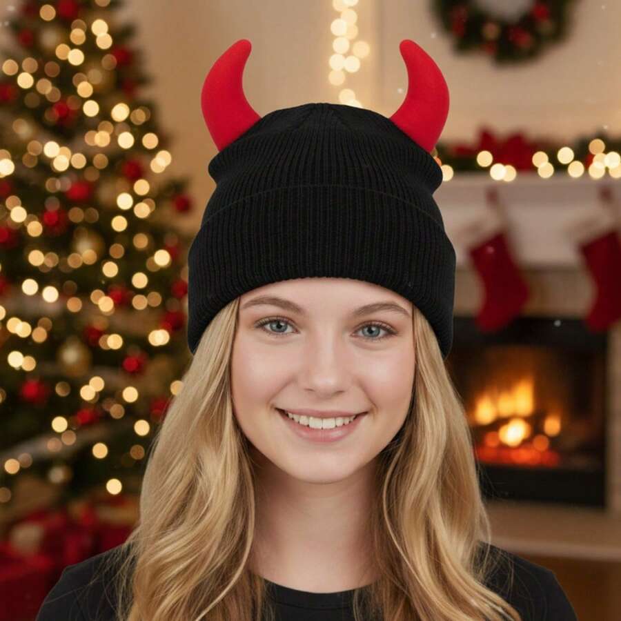 Devil Horns Beanie For Men And Women Gothic Halloween Warm Hats For ...