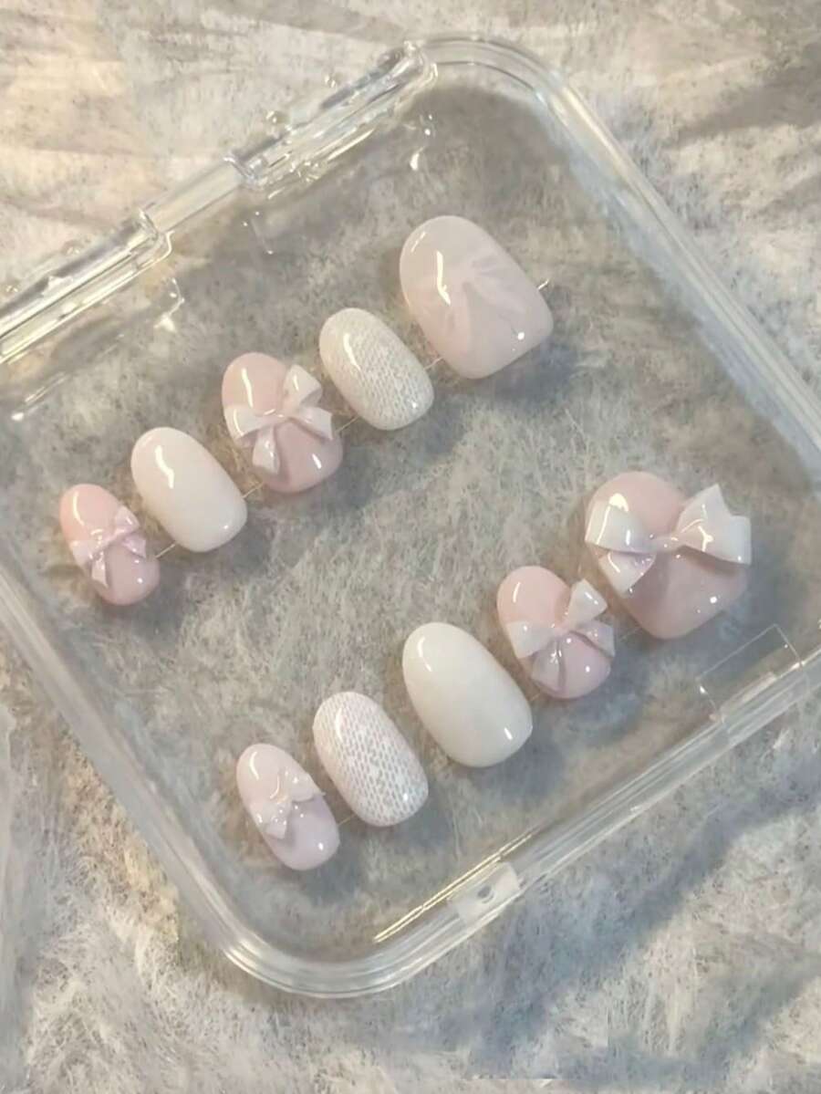 10pcs Pure Handmade Press On Nails Short Oval Nails Pink Nails Y2k ...