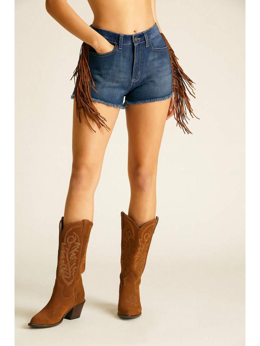 Western Fringe Denim Shorts Cut & Sew Boho Casual Cute Denim Pocket ...