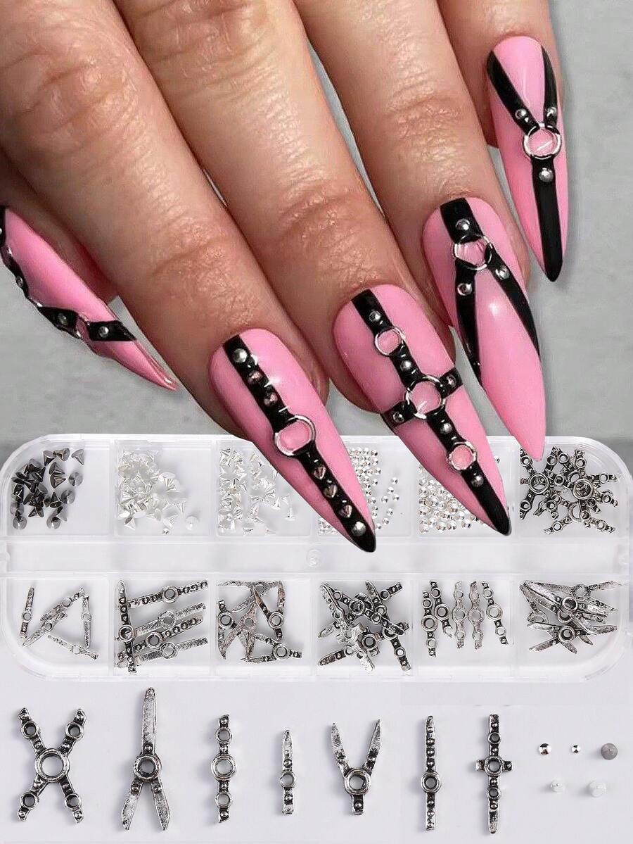 12 Grids Silver Punk Nail Charms XY Shape Cross Metal Strips Y2K Alloy ...