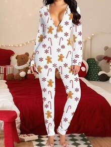 Women's Long Sleeve Jumpsuit Pajamas V Neck Christmas Themed Print ...