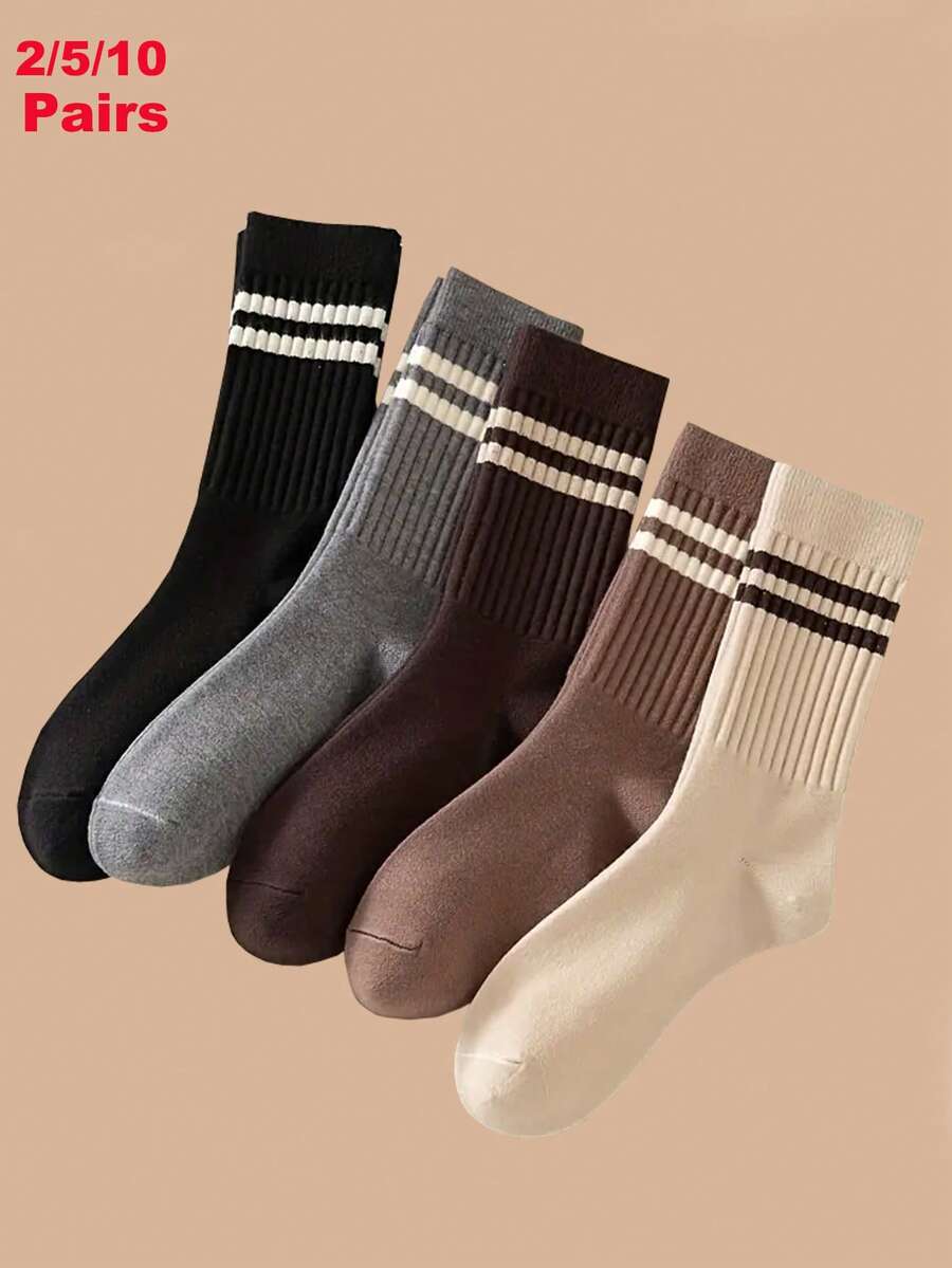 2/5 Pairs Women Slim Striped Mid-Calf Socks - Beige And Brown Striped ...
