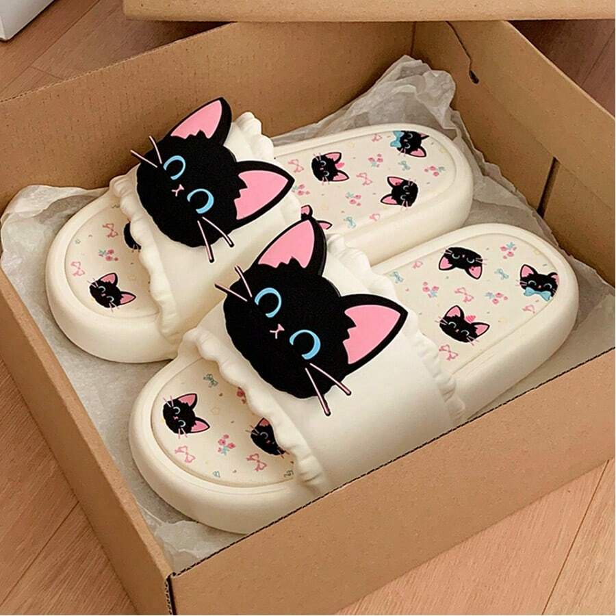 1 Pair Cute & Cool Black Cat Design Women's Summer Slippers, Soft ...