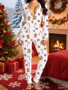 Women's Long Sleeve Jumpsuit Pajamas V Neck Christmas Themed Print ...