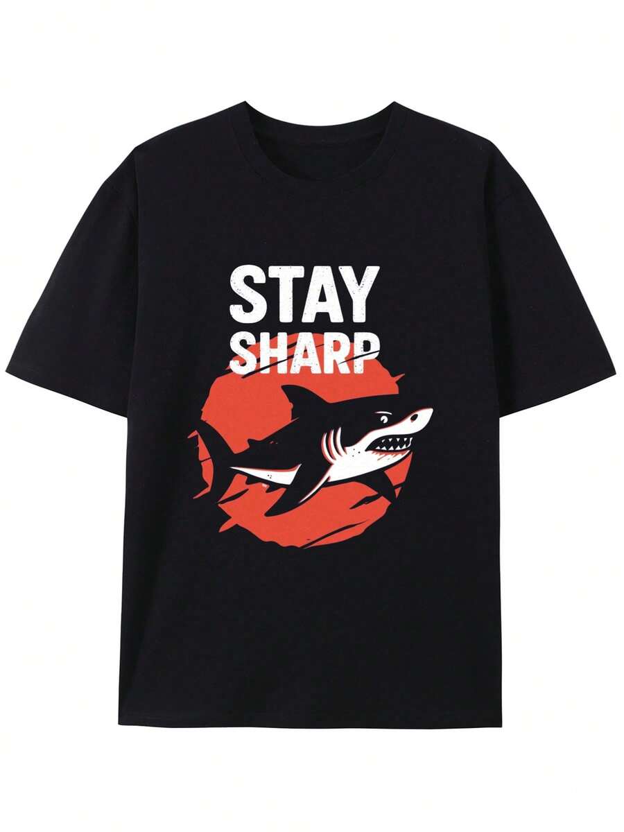 T-Shirt Stay Sharp Shark Graphic Tee - Bold And Fun Design,Single-Sided ...