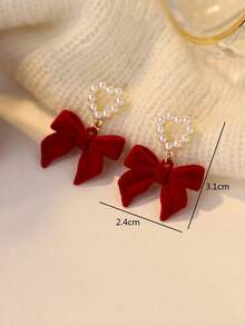 1 Pair Red Fuzzy Faux Pearl Bow Sweet Retro Fashion Elegant Earrings ...