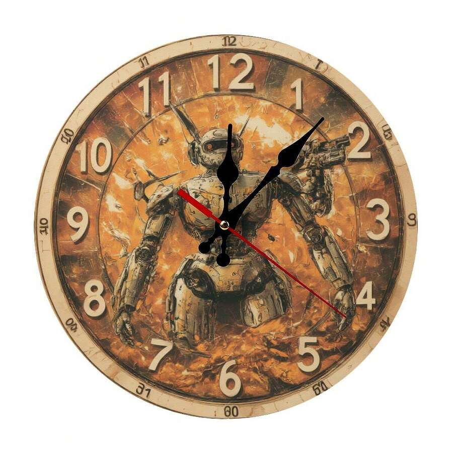 Wooden Silent Non-Ticking Wall Clock - Clockwork Robot Fiery Apocalypse ...