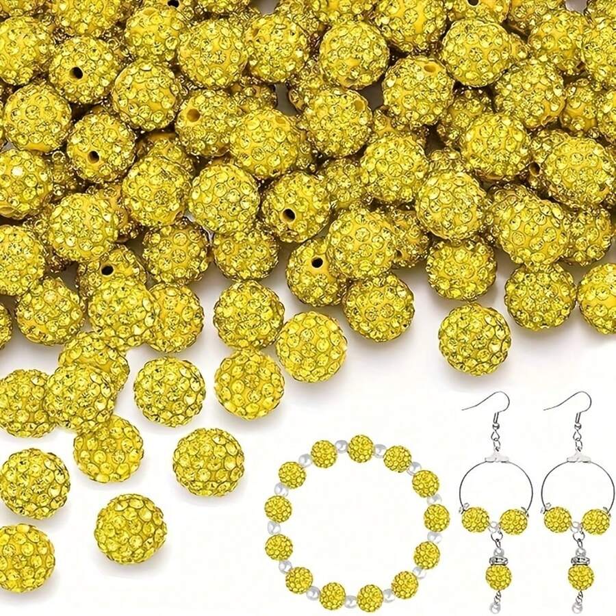 100pcs 10mm Shiny Yellow Rhinestone Beads, Loose Disco Ball Shamballa ...