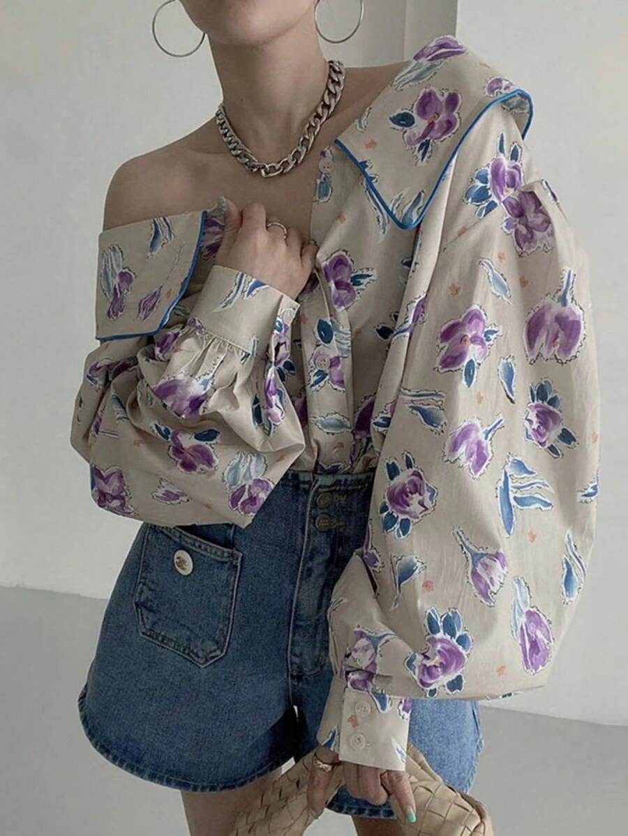 Herbst elegante Damen Lässig Bluse mit Blume Muster, Peter-Pan-Kragen ...