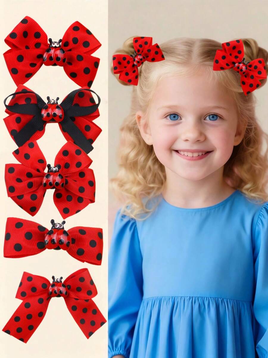 1/2pcs New Ladybug Double-Layer Bow Hair Clips, Girls Polka Dot ...