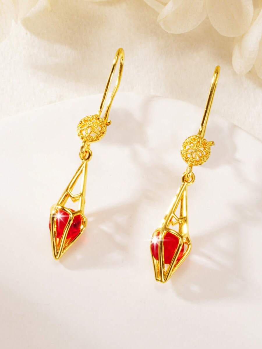 1 Pair Vintage Elegant Pendant Earrings For Women, Gold-Tone Earrings With Cubic Zirconia ...