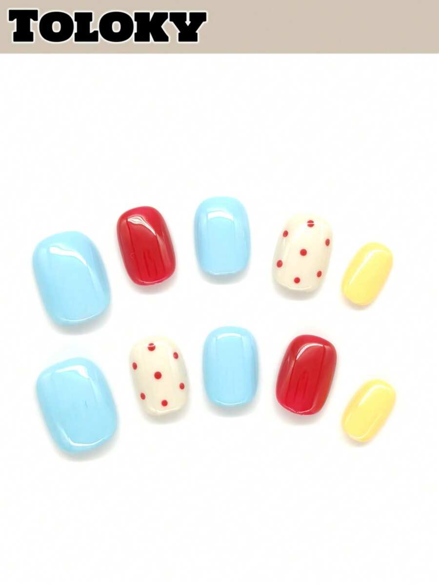 10pcs Handmade Press On Nails Short Nails Oval Nails Tips Blue Polka ...