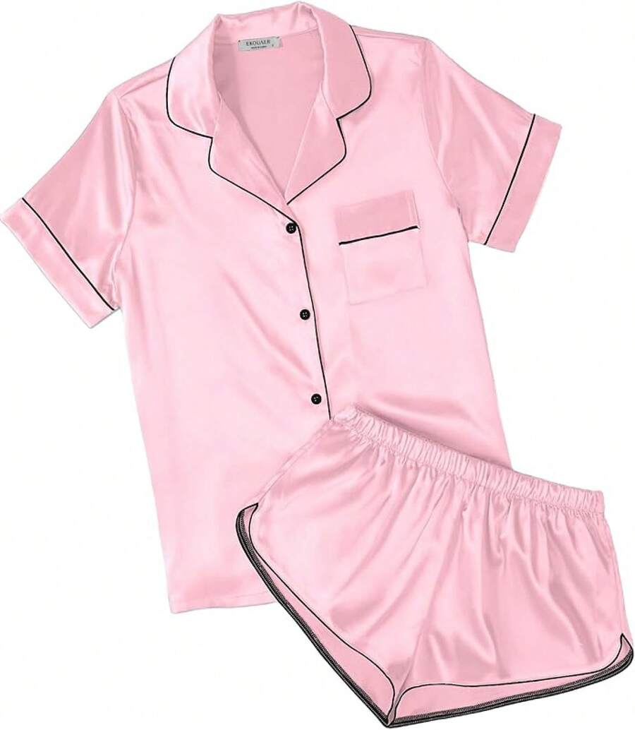 Womens Silk Satin Pajamas Short Sleeve Sleepwear Soft Button Down ...