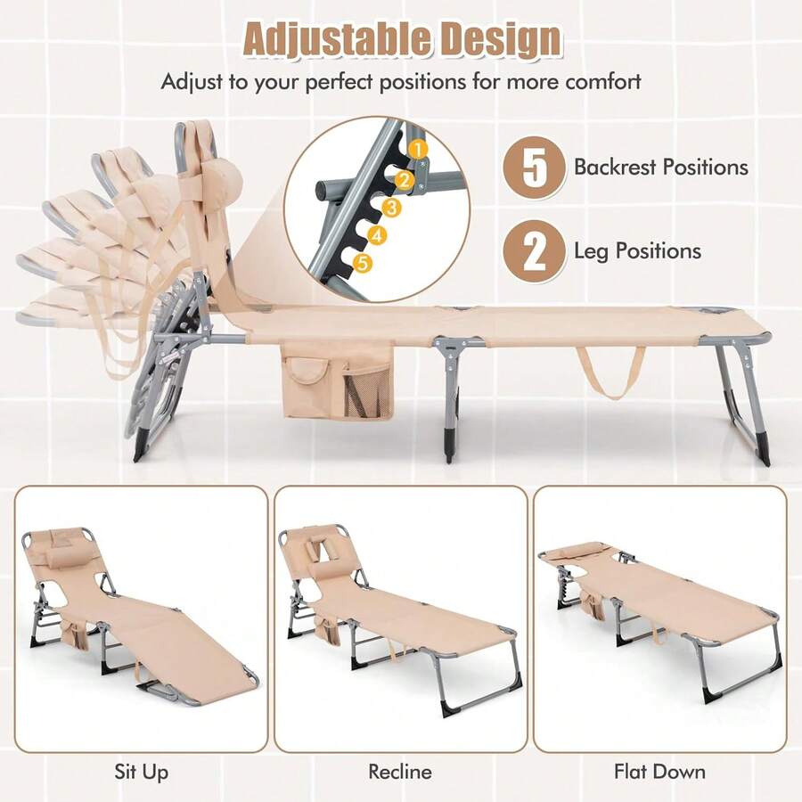 COSTWAY Folding Beach Lounge Chair, Tanning Chair With Face Hole, 5 ...