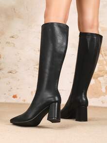 Women'S Classic Chunky Heel Boots Fashion Square Toe Boots Balck Fall ...